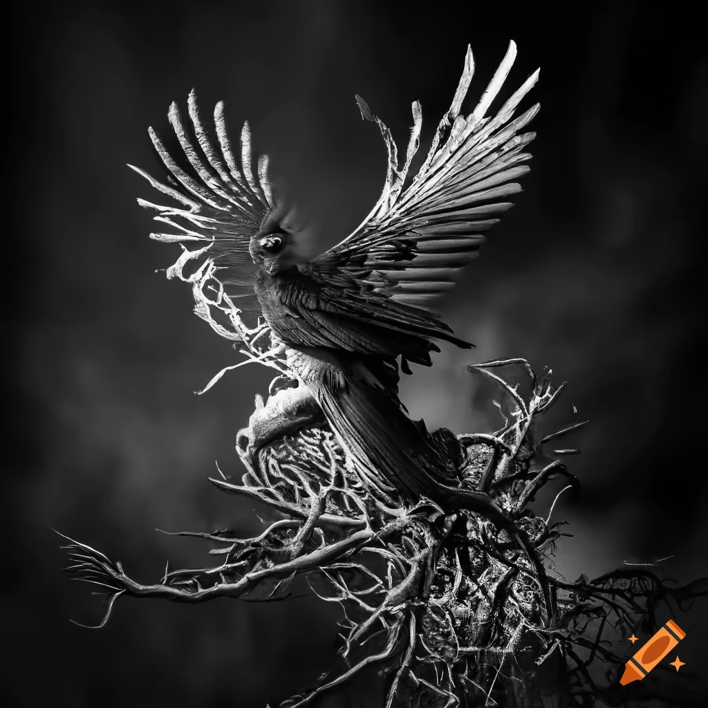 Bio mechanical raven made from roots, vines, and torn fabric in flight ...