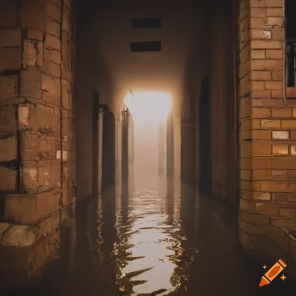 Close-up of flooded corridor leading to abandoned buildings sinking ...