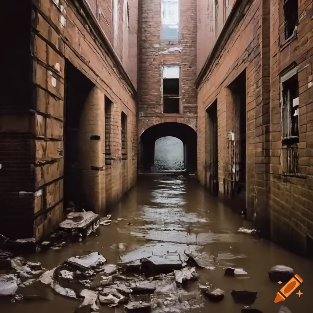 Close-up of flooded corridor with abandoned buildings sinking into ...