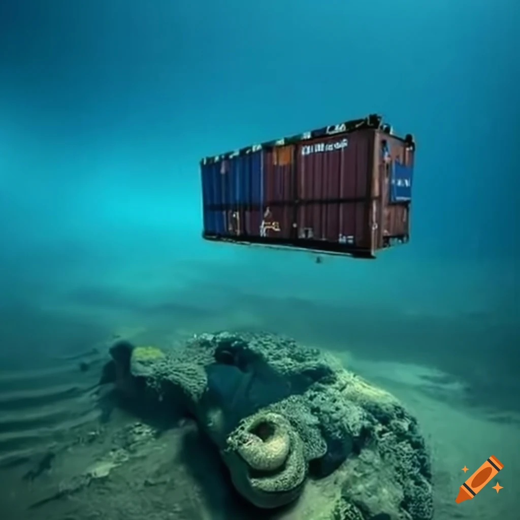 Container lost in the deep ocean captured by a diver on Craiyon