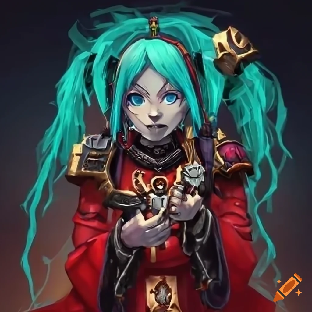 Tech-priest Explorator meets Hatsune Miku in a vibrant red outfit with ...