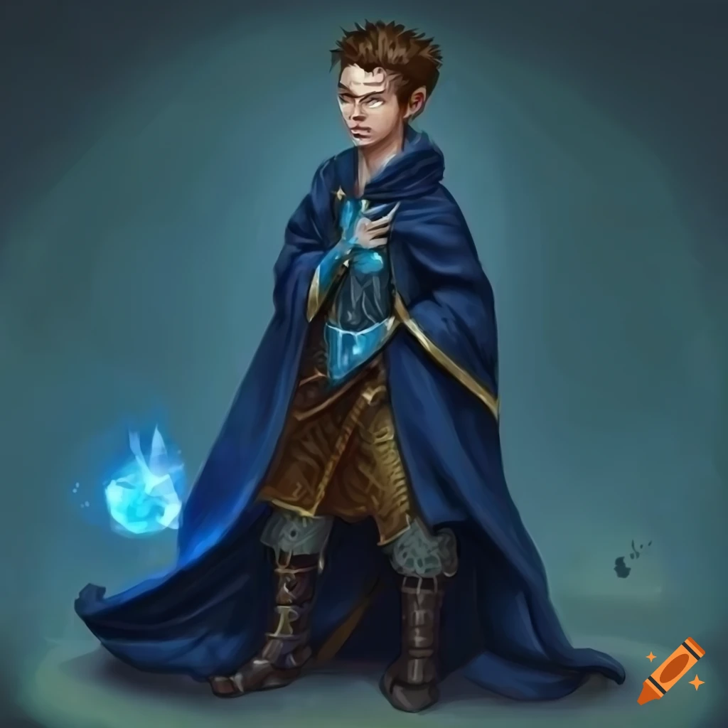 Young male wizard in high fantasy style with a dark blue robe holding a ...