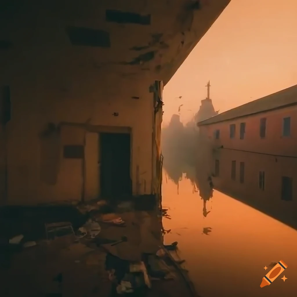 View through broken windows to flooded rooftop and sinking buildings in ...