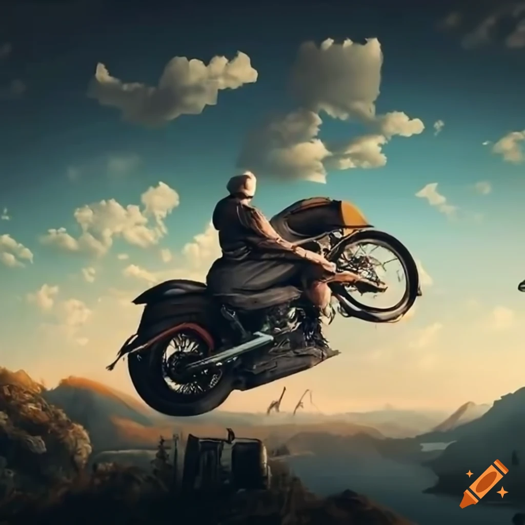Harley Davidson motorcycle jumping over a crashed bridge in epic ...