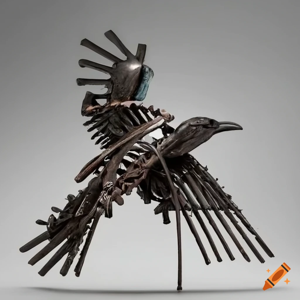 Biomechanical corroded flying crow sculpture made of scrap metal on Craiyon