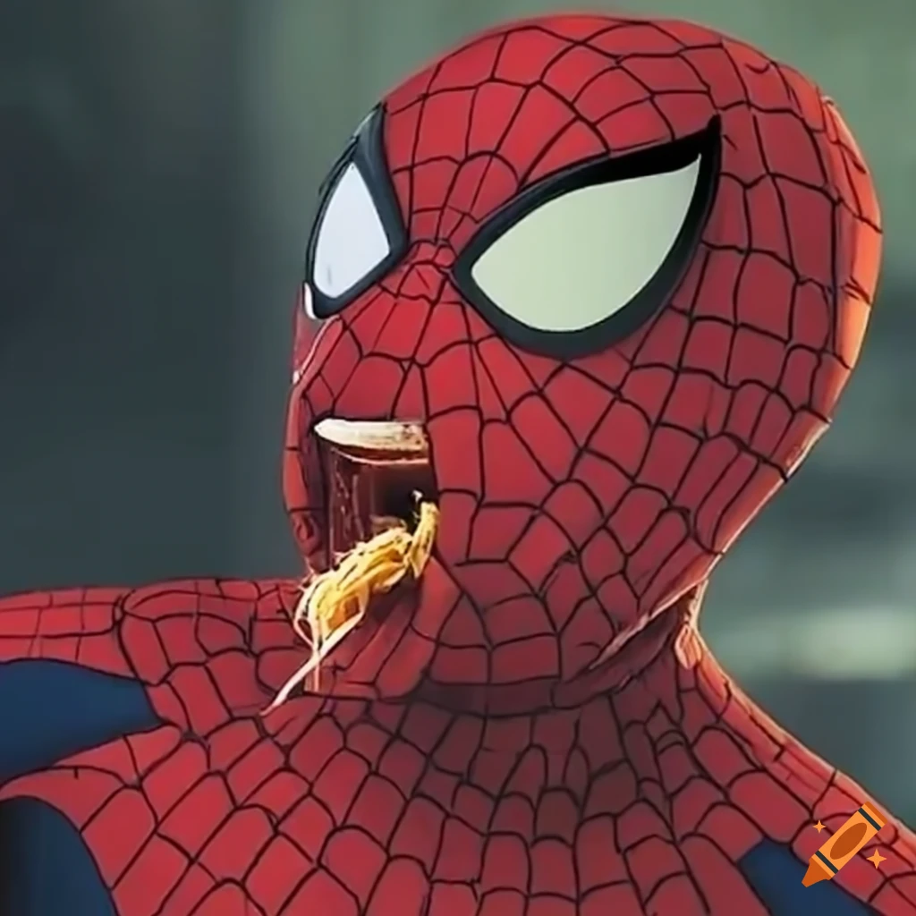 Spiderman eating spaghetti in a touching and tragic moment on Craiyon