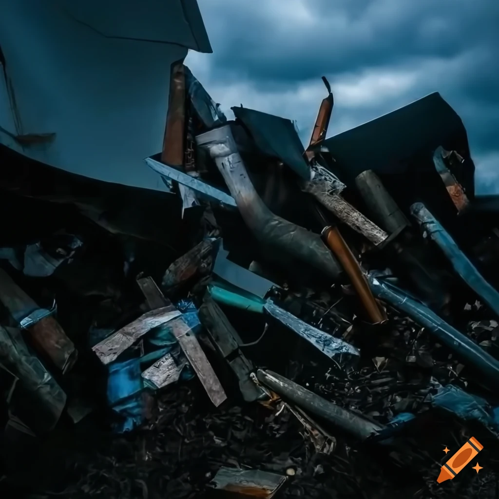 Hidden weapons among junk in a chaotic, destroyed landscape on Craiyon