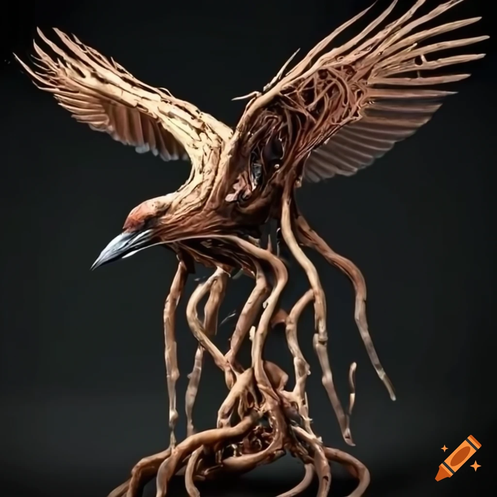 Cubist bio-mechanical raven in flight made from twisted roots and ...