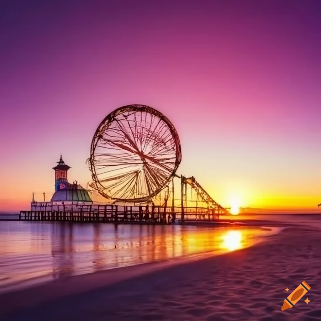 Skegness pier and sandy beach at sunset on Craiyon