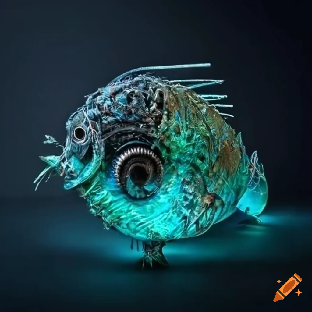 Bio-mechanical decomposed deep sea fish made of scrap metal and burning ...