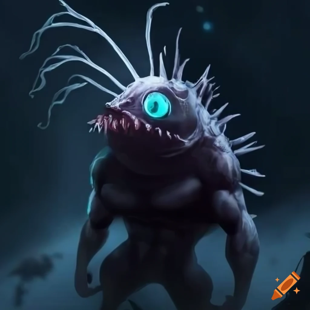Muscular humanoid anglerfish deep sea monster portrait in black with ...
