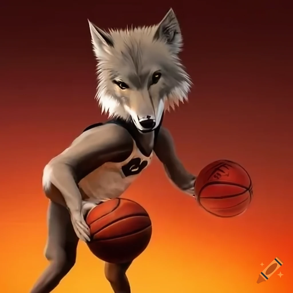 Wolf playing basketball on a court on Craiyon
