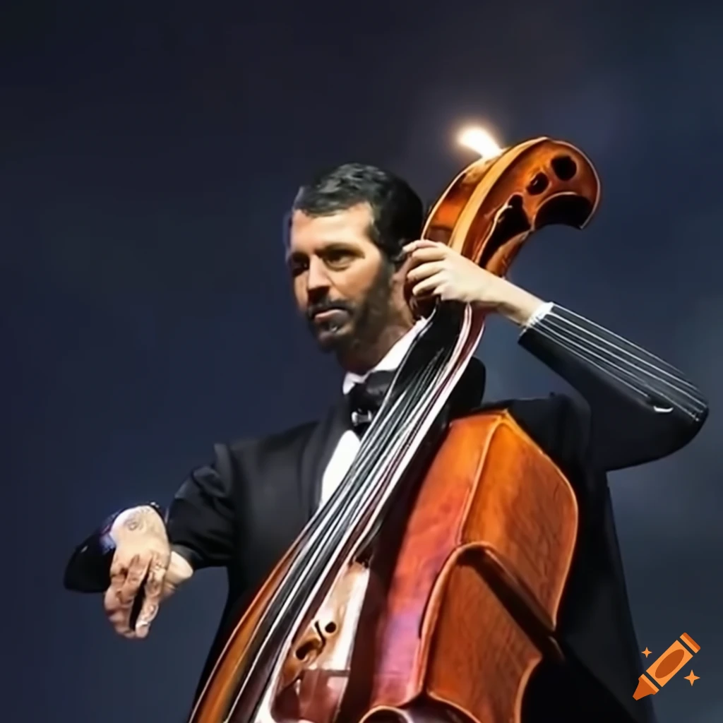 Donald Trump Jr. playing an upright bass on a live concert stage on Craiyon