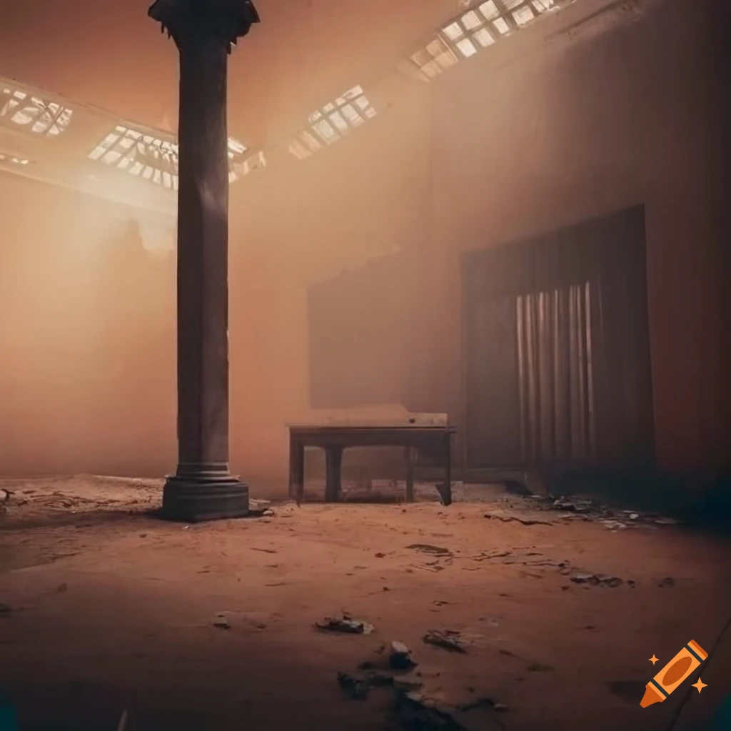 Foggy abandoned conservatory with dramatic rays of light on dilapidated ...