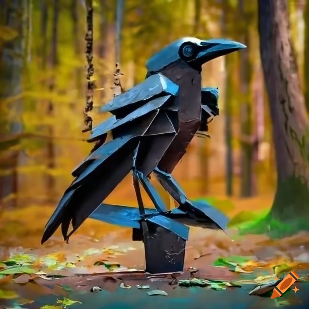 Cubist artwork of a crow made of scrap metal in the forest on Craiyon
