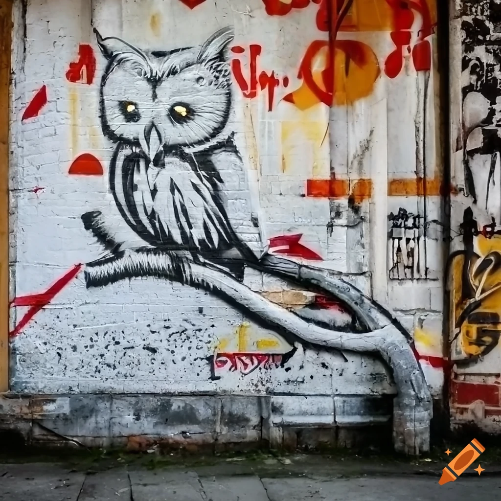 Graffiti drawing of an owl on a branch in an alley wall on Craiyon