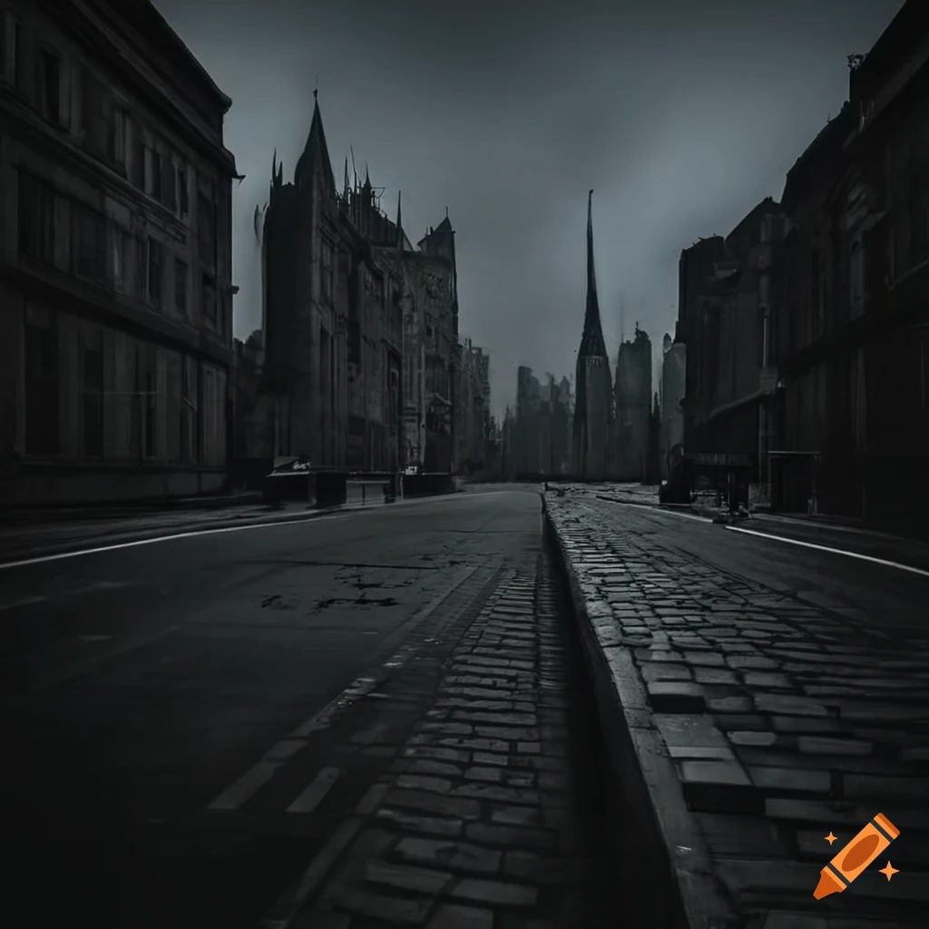 Dark and gritty cityscape of a dystopian society with ominous ...
