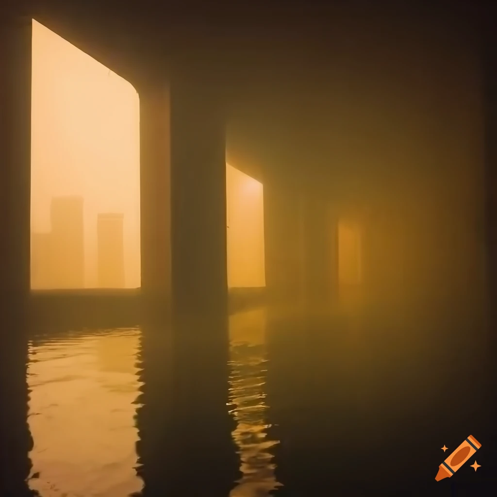 Flooded rooftop with sinking brick buildings in a golden-orange fog on ...