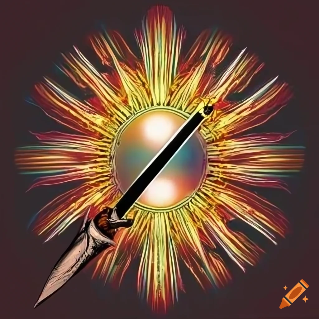 Tarot card style sunburst with sword piercing through at 45 degree ...