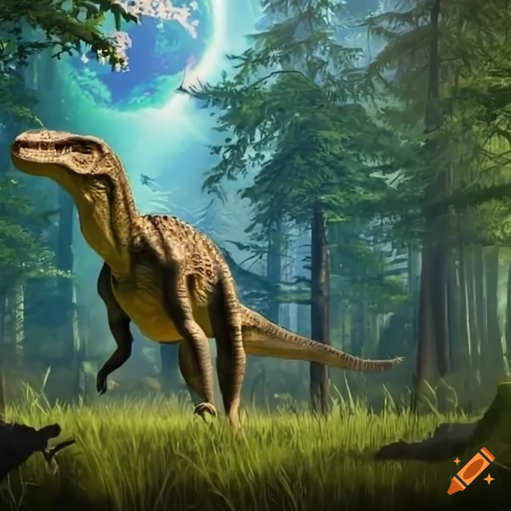 Dinosaur in a futuristic forest with a distant planet on Craiyon
