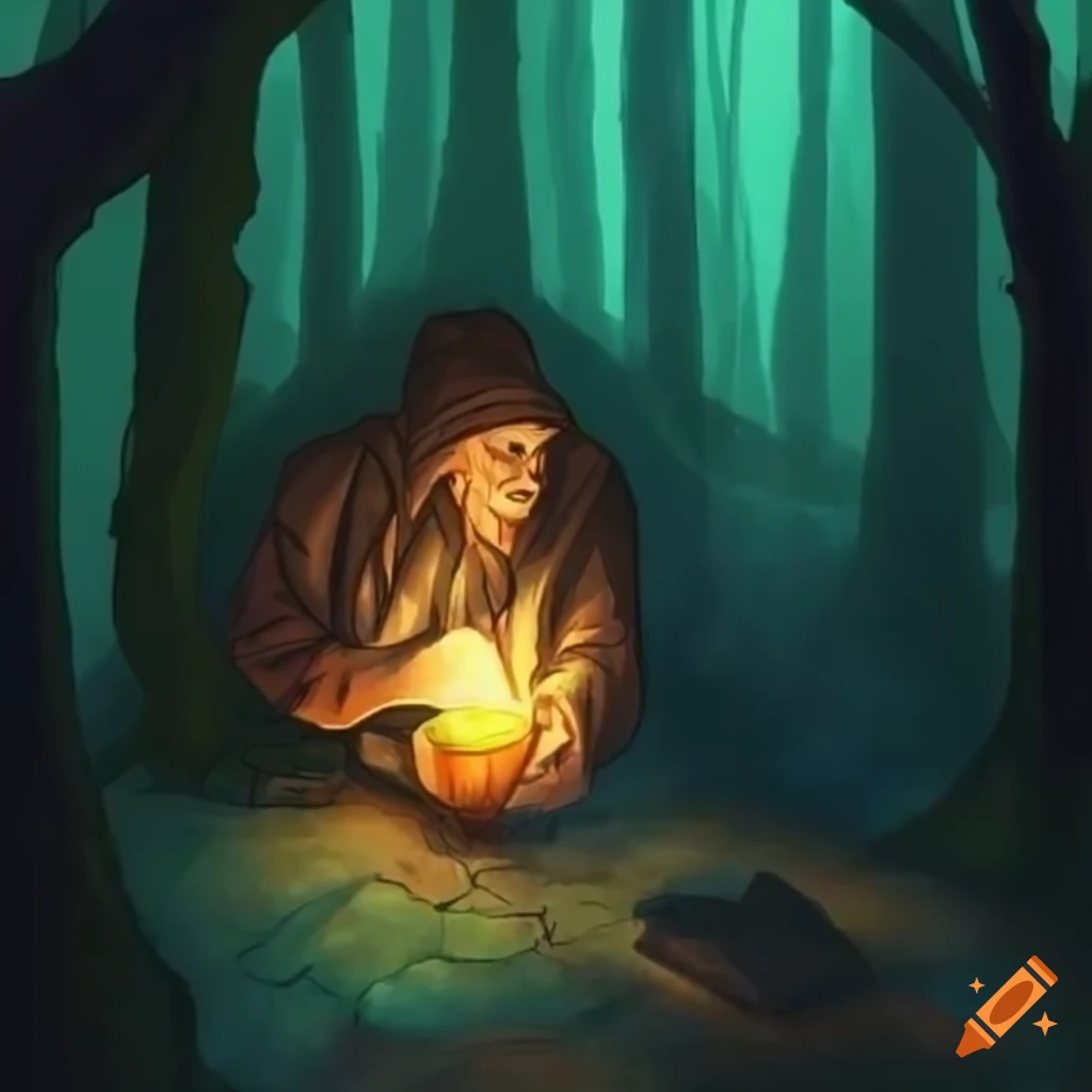 Hermit with tired and old face in a forest illuminated by a lamp on Craiyon