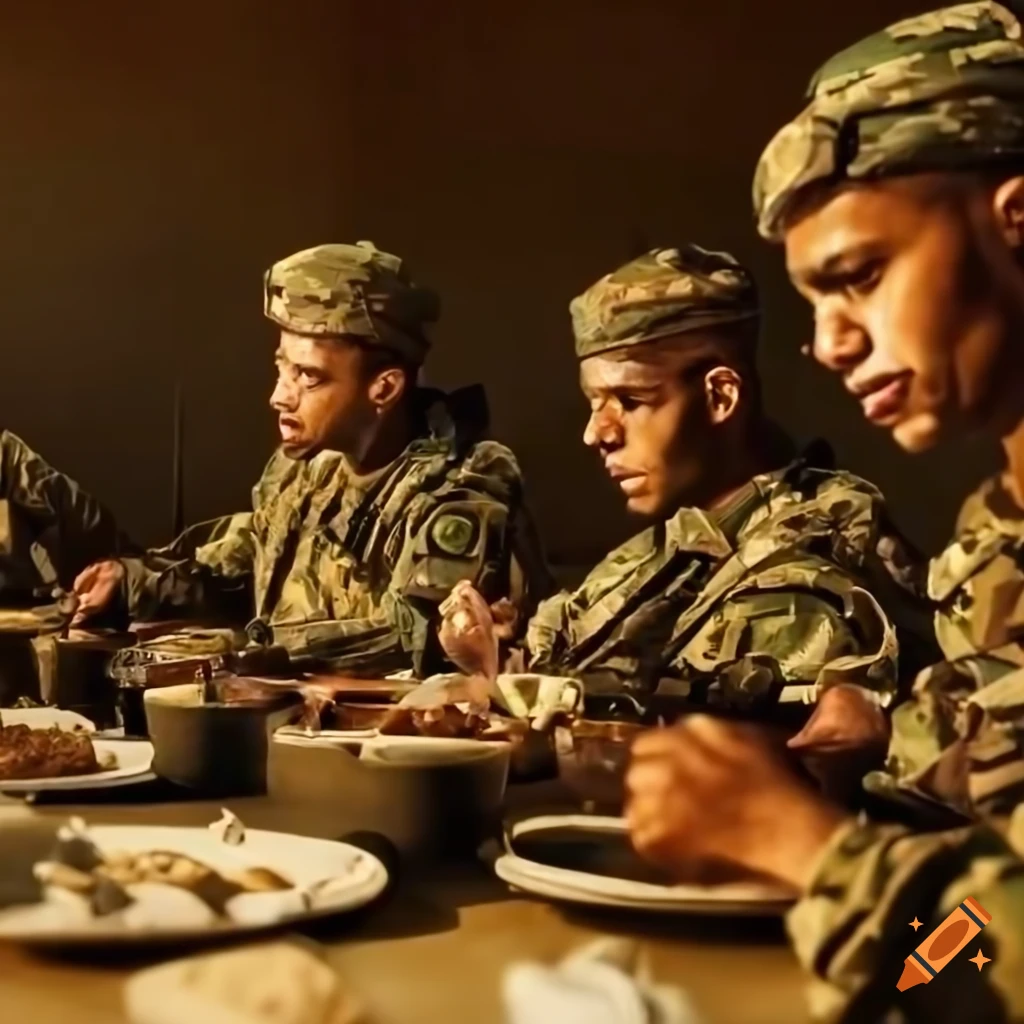 Army soldiers eating in a desert military camp mess hall on Craiyon