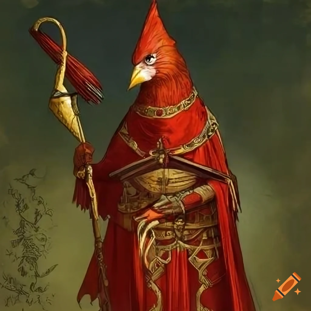 Anthropomorphic cardinal bird in religious attire with staff and shield ...