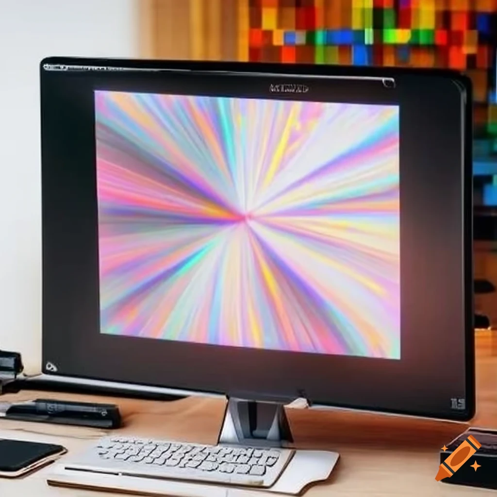 Digital pixels radiating from a computer screen in a tech workplace on ...