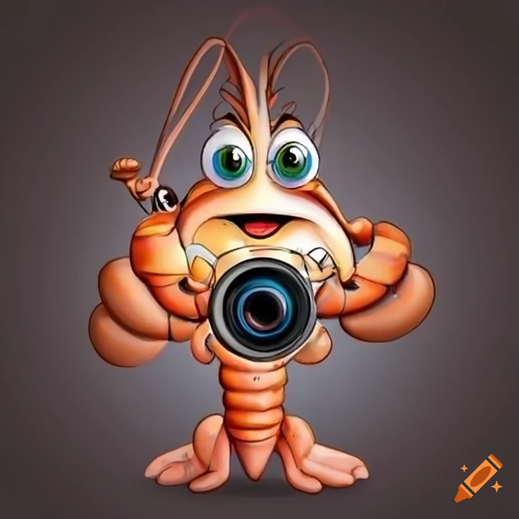 Cartoon scampi holding a GoPro-style camera on Craiyon