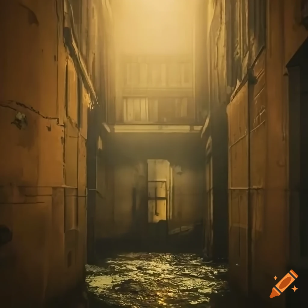 Crumbling flooded elevator room with abandoned buildings sinking into ...