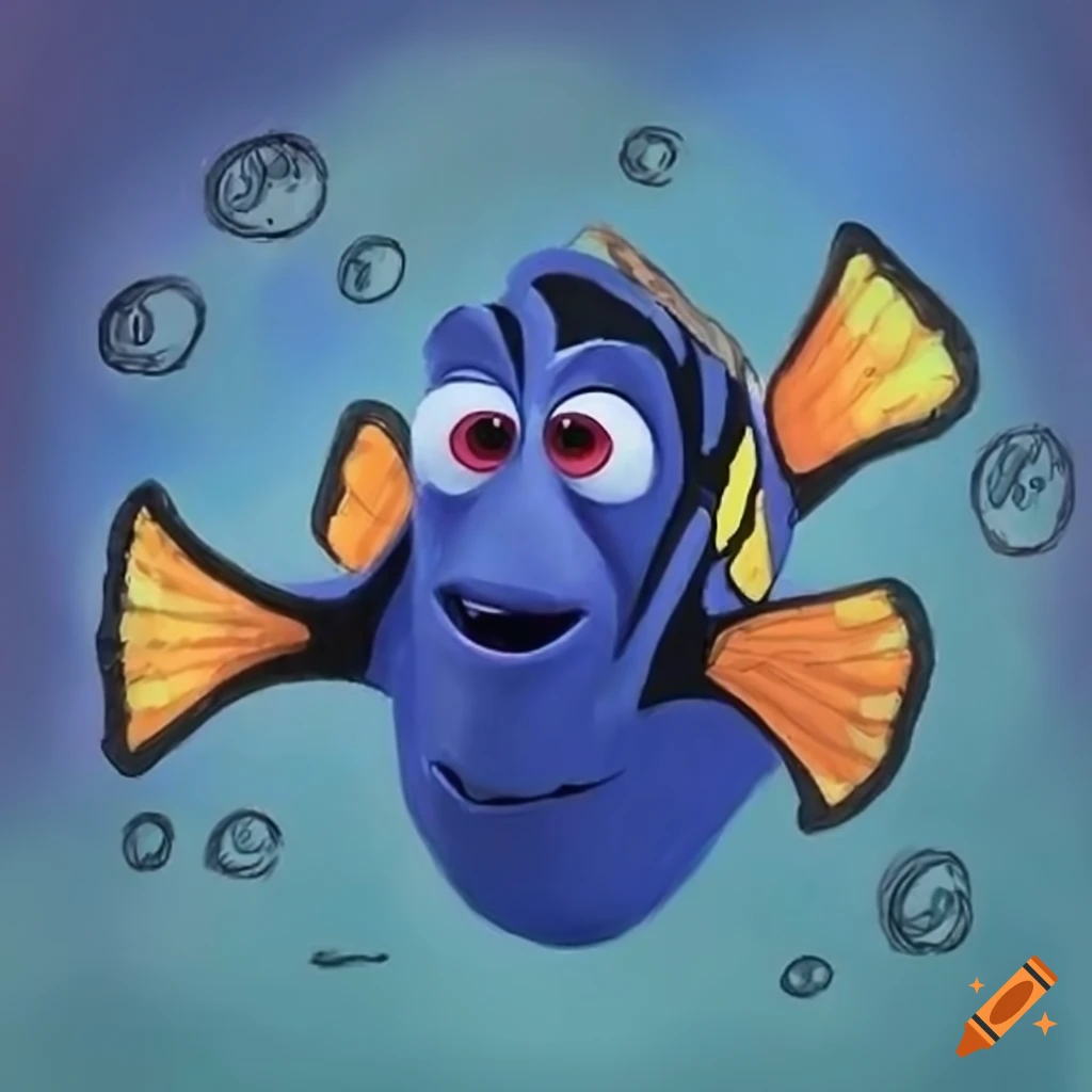 Child's crayon drawing of Dory with a quote bubble saying 'just keep swimming' on Craiyon