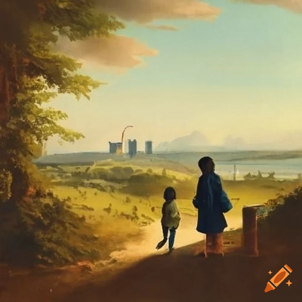 One boy, two girls, and a dog walking towards a distant factory with ...