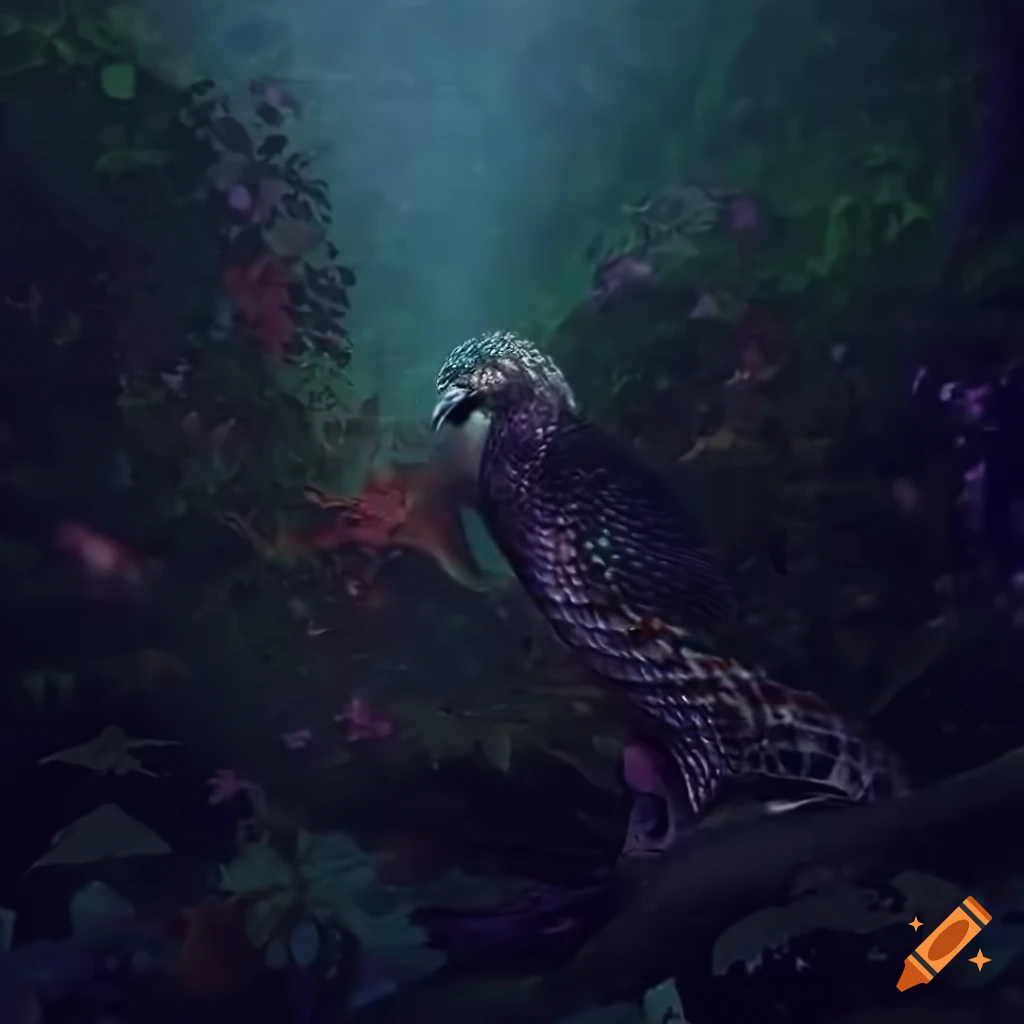 Fantasy scene with flowers, birds, snakeskin trees, ivy vines, and mythological creatures in ...