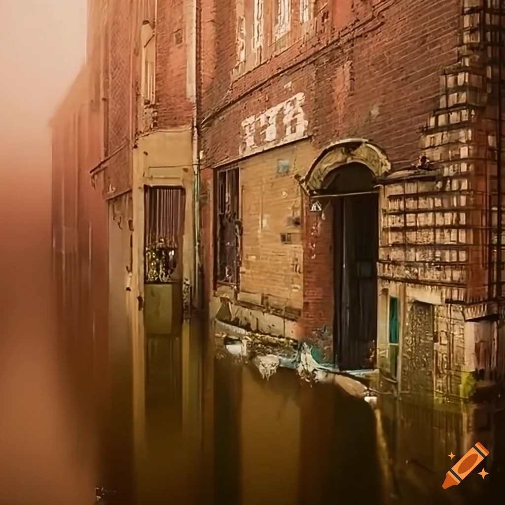 Close-up of flooded storefront with sinking buildings into the ocean in ...