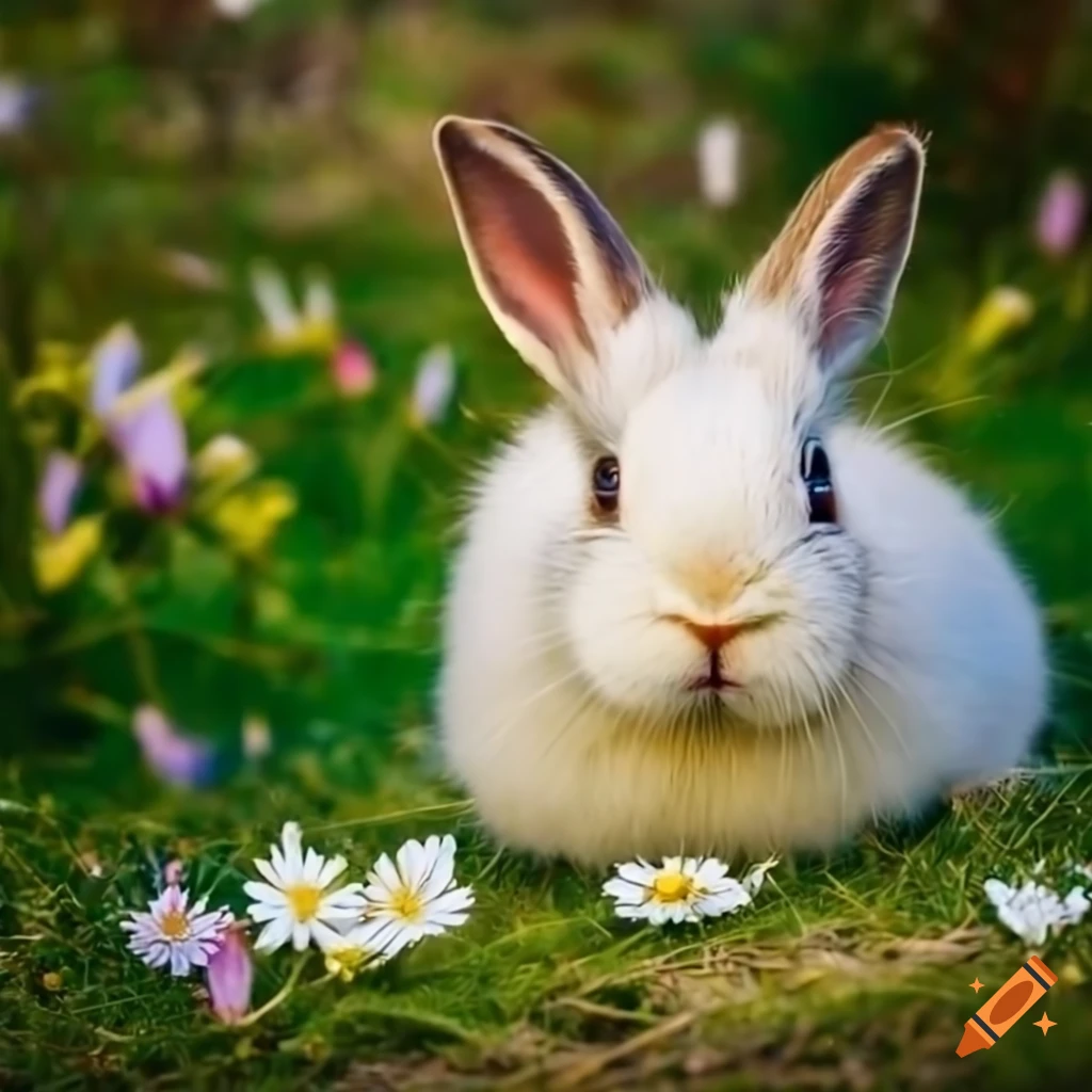 Fluffy rabbit among blooming spring flowers on Craiyon