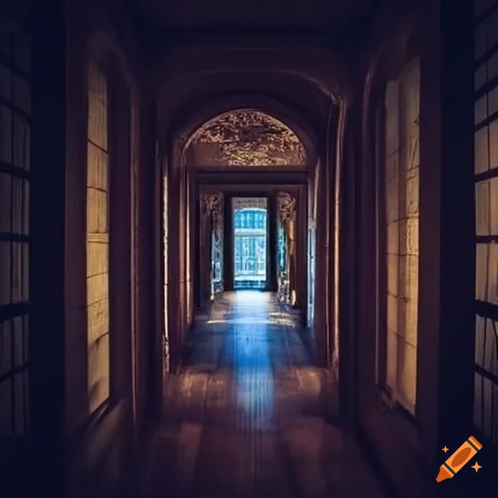 Eerie mansion hallway with windows showing nighttime view of tall trees ...