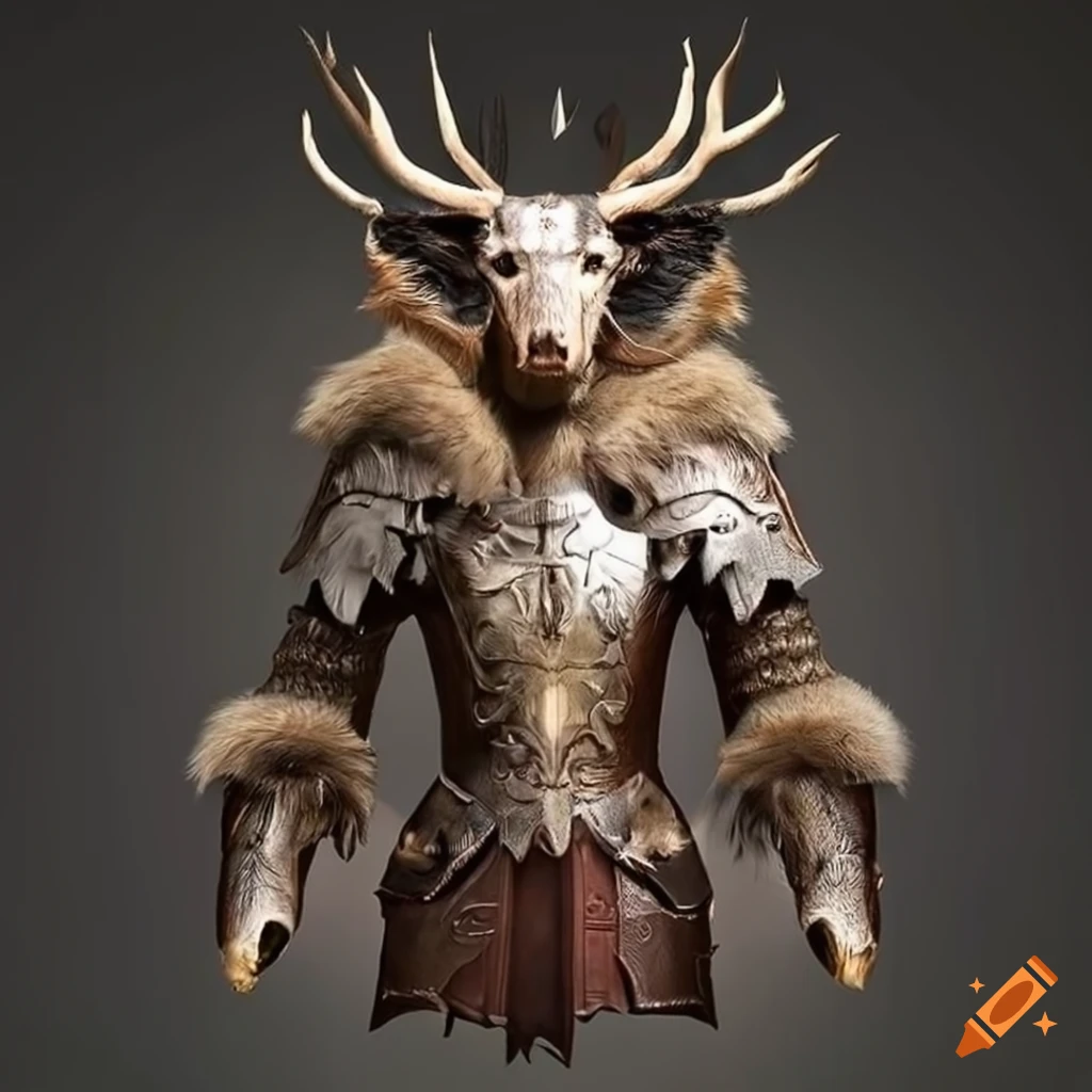 Detailed body armor made from majestic stag's skin and fur on Craiyon