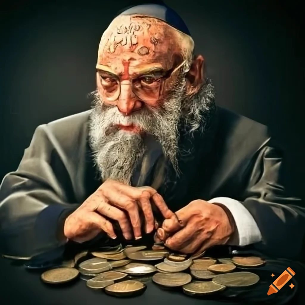 Elderly jewish rabbi holding coins on Craiyon
