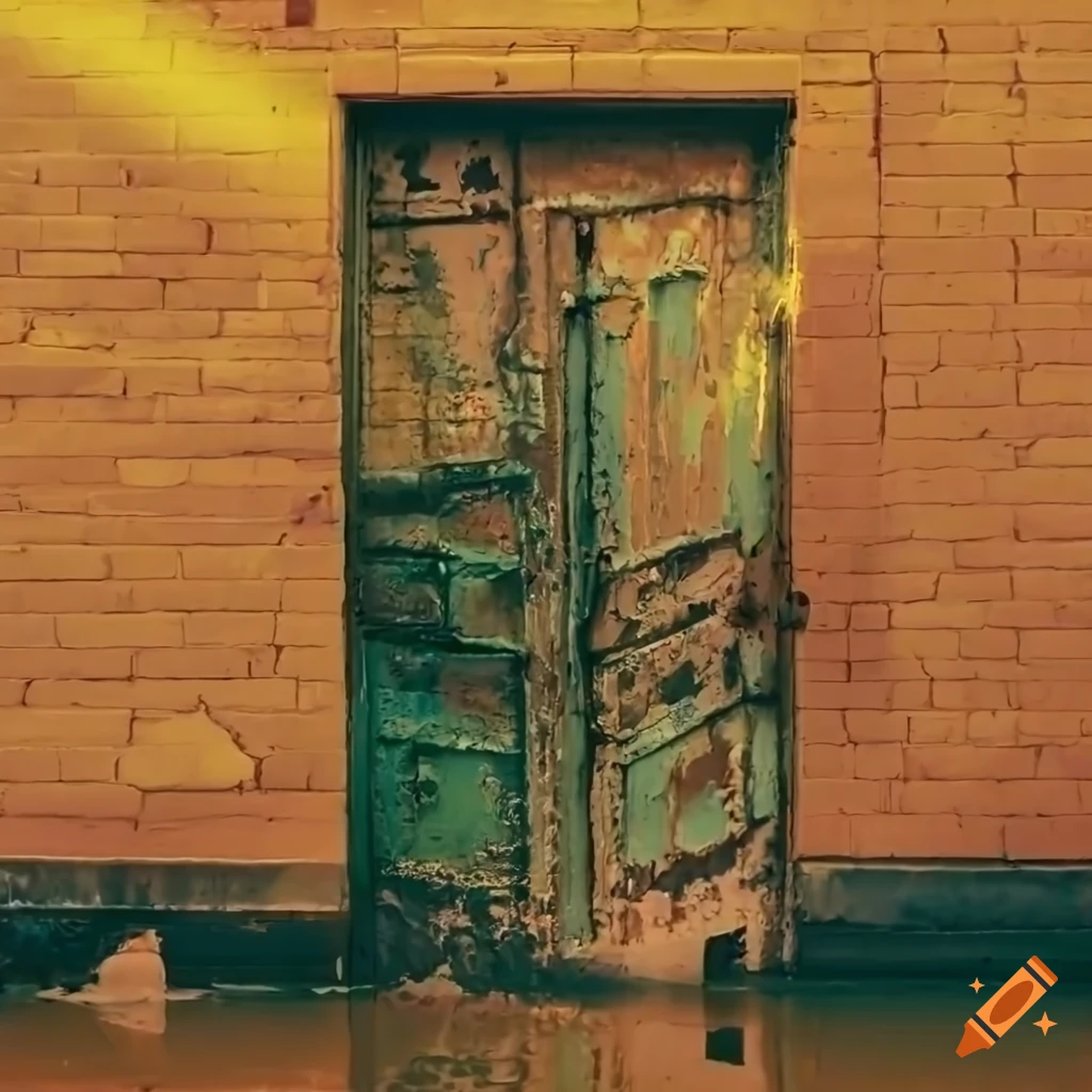 Close-up of flooded door with sinking buildings in ocean under dramatic ...