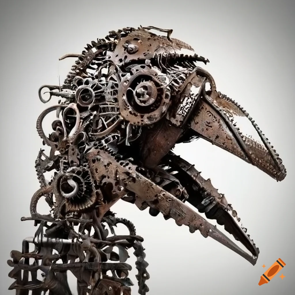Biomechanical corroded crow sculpture crafted from scrap metal on Craiyon