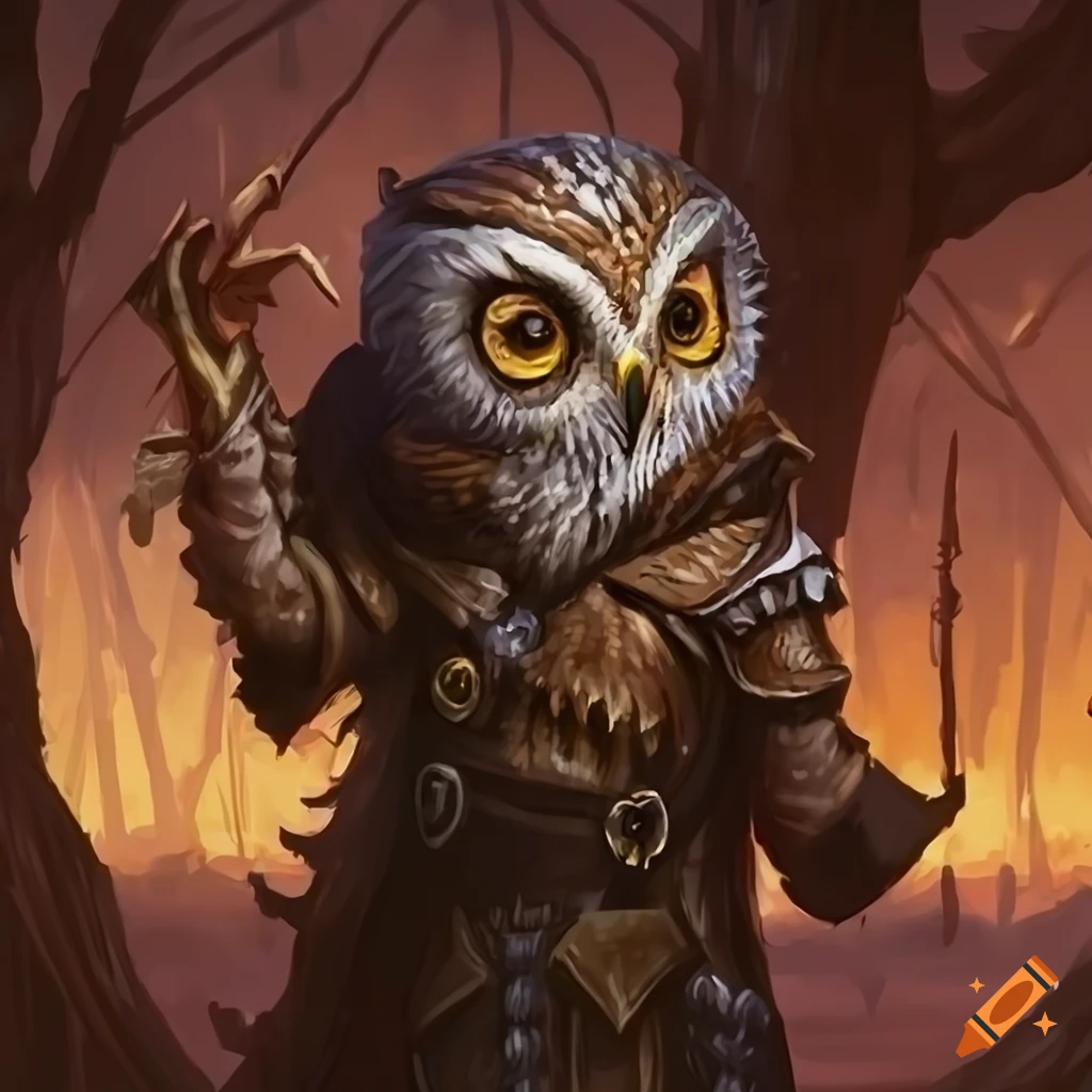 Highly detailed young owl warlock in magic the gathering style on Craiyon