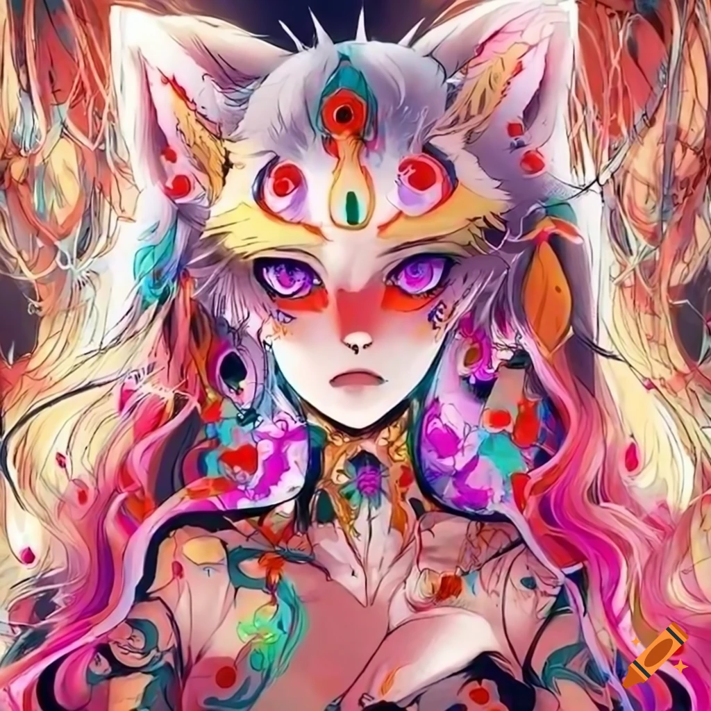 Intricately detailed anime humanoid kitsune character with expressive ...