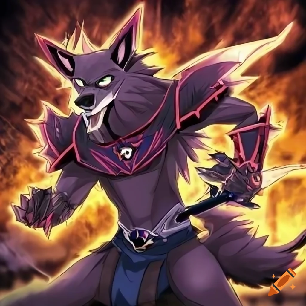 Yu-gi-oh warrior wolf with big fangs on Craiyon