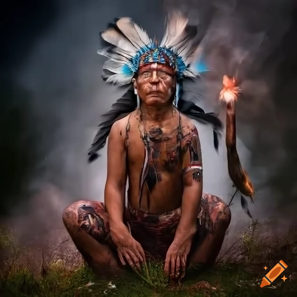 Portrait of a choctaw shaman practicing healing in nature with smoke ...