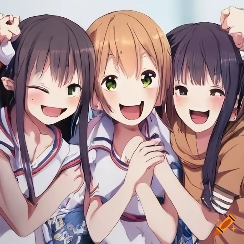 Three anime girls laughing happily on Craiyon