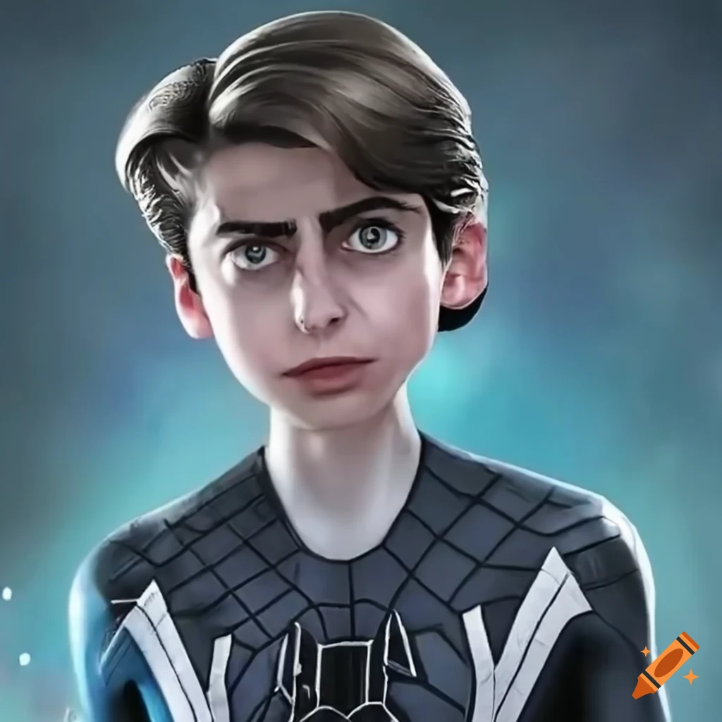 Aidan gallagher in spider-man black and white symbiote costume on Craiyon
