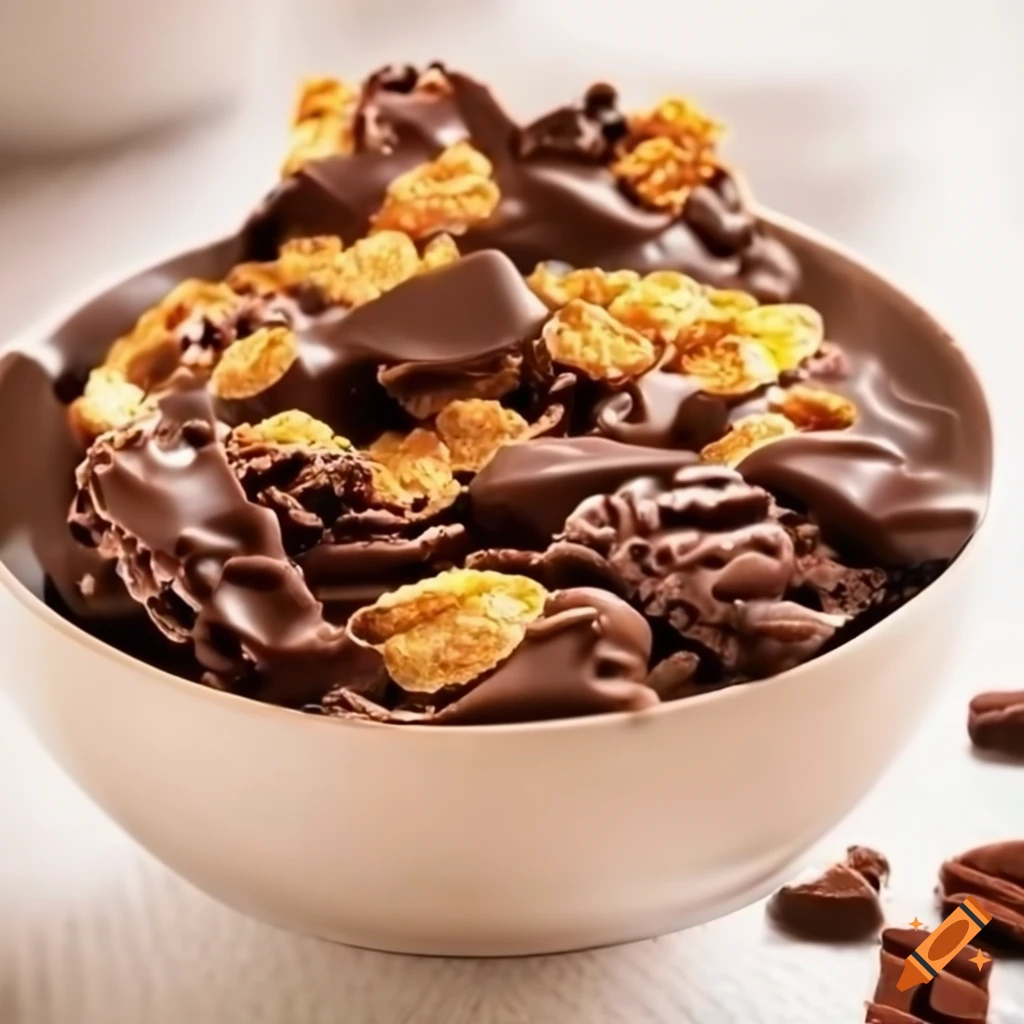 Delicious chocolate-covered cornflakes in a bowl on Craiyon