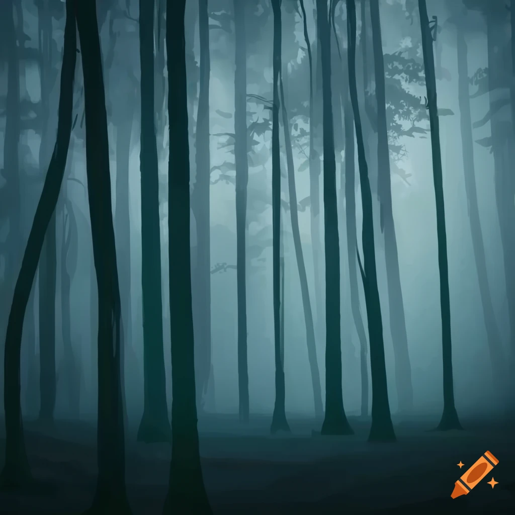 Forest scene with spooky mist and tall trees during dusk on Craiyon