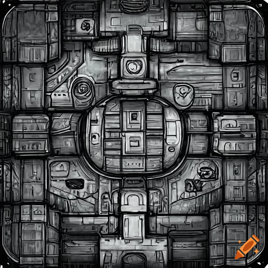 Spaceship cargo bay battle-map layout with crates, barrels, and control ...