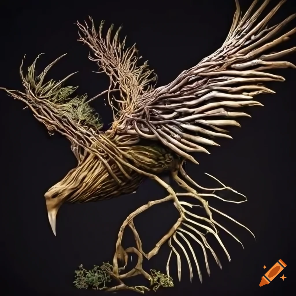Cubist bio-mechanical raven made from twisted roots and branches with ...